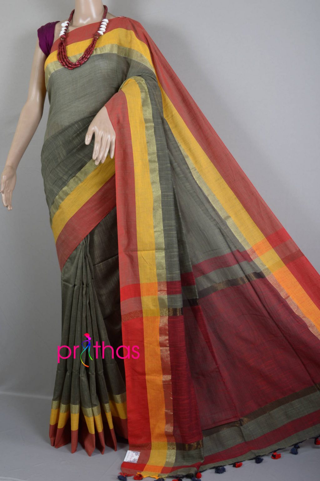 Sardine Grey Cotton Saree – Prithas